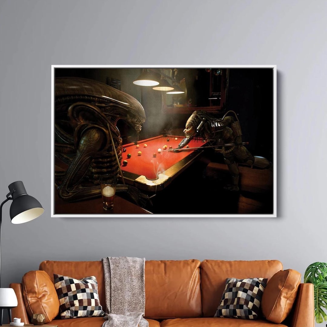Alien Vs Predator Playing Pool Match Canvas Print, Home Decor Hand Made ...