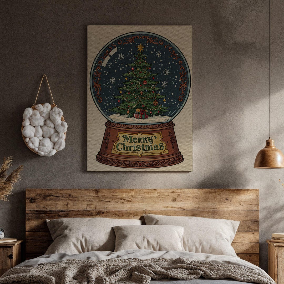 Vintage Christmas Snow Globe Poster, Retro Tree in Glass Dome Wall Art ...