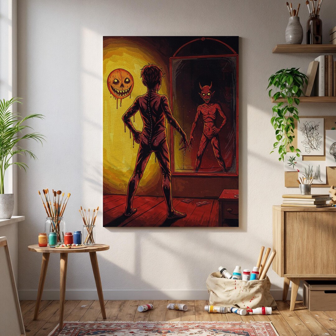 Demonic Reflection Horror Art Print, Creepy Mirror Creature Canvas ...