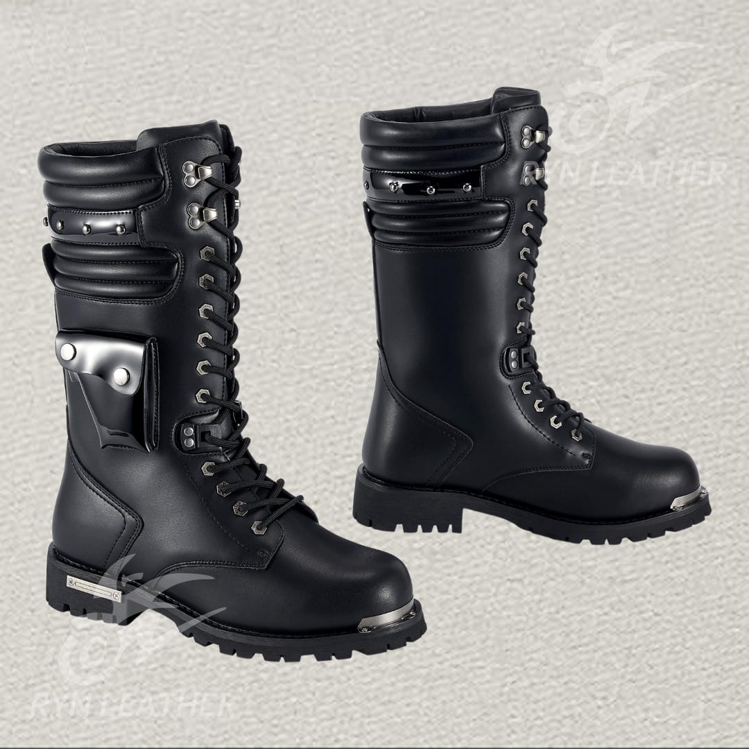 Men Gothic Motorcycle Boots | Heavy Duty PU Leather Combat Biker Boots ...