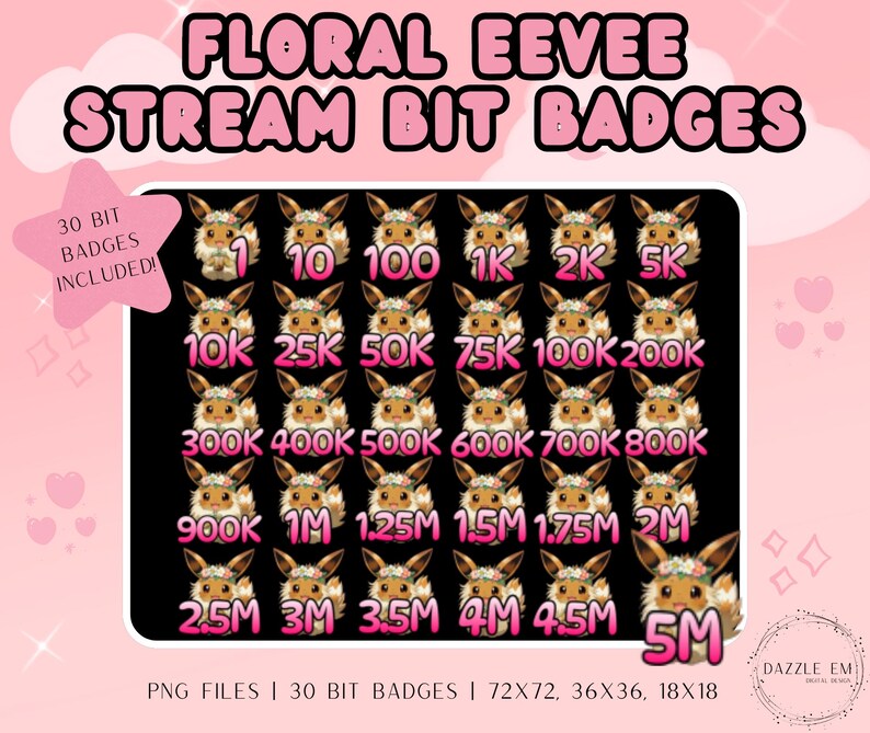 Twitch Bit Badges Pack, Floral Eevee Bit Badges, 30 X Eevee Bit Badges ...
