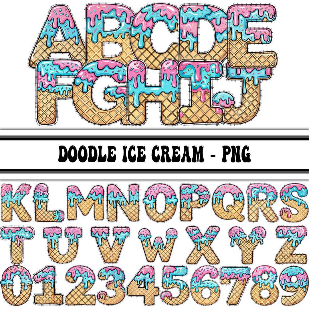 Ice-cream Drip Doodle PNG Alphabet, Pink & Blue Drippy Doodle Letters ...