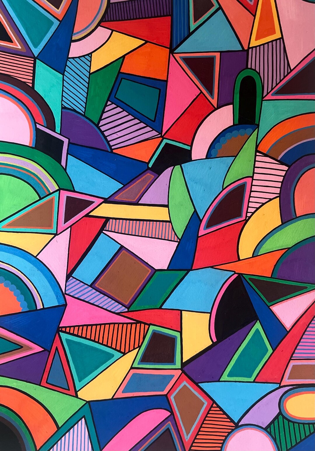 Retro Geometric Shapes Painting: Bold Colors, A4 Acrylic Art - Etsy