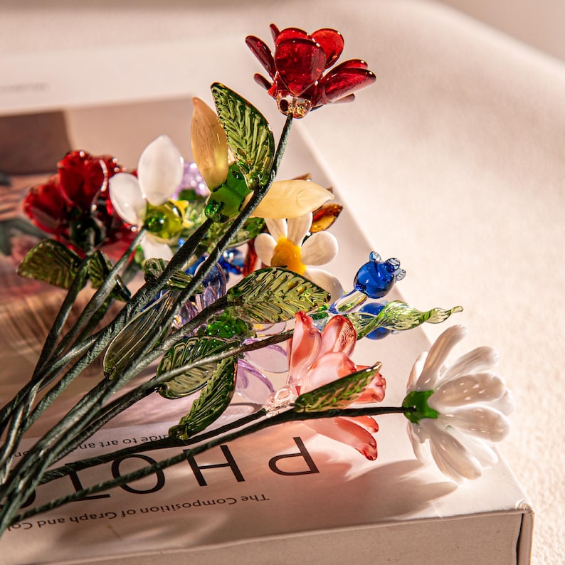Glass Birth Flowers With Stem, Glass Flower-poppy, Carnation, Rose ...