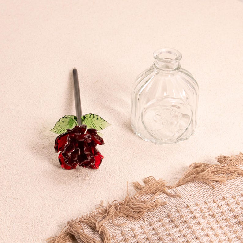 Handcrafted Glass Rose, Crystal Red Flower Figurine, Handmade Glass Art ...