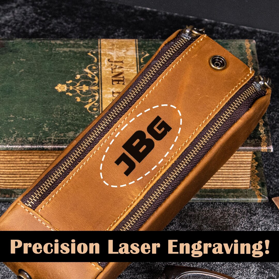 Laser Engraved Zipper Leather Pencil Case, Retro Crazy Horse Leather ...