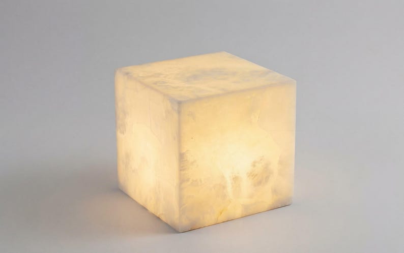 Handmade Marble Cube Table Lamp, Natural Stone Bedside Light, Modern ...