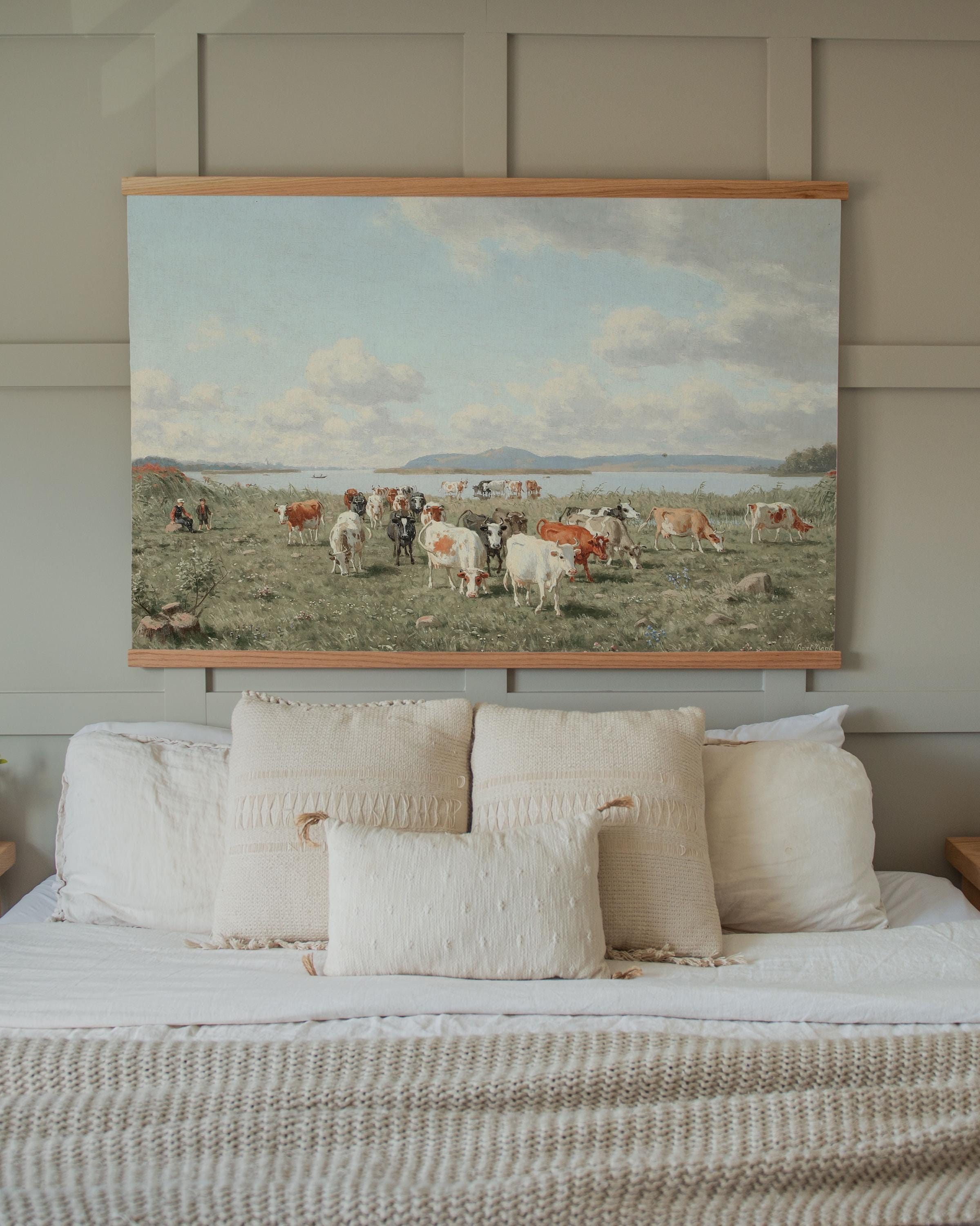 Extra Large Cow Pasture Wall Art Tapestry | Vintage Landscape Print ...