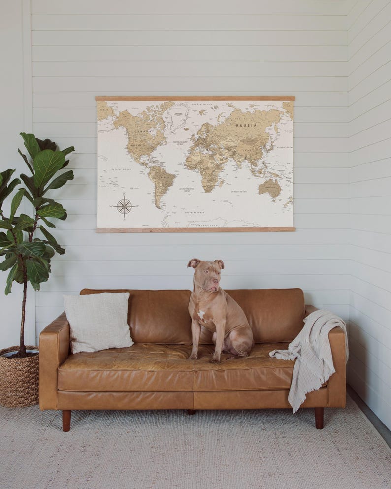 Neutral World Map Canvas Tapestry Wall Hanging Educational Decor ...