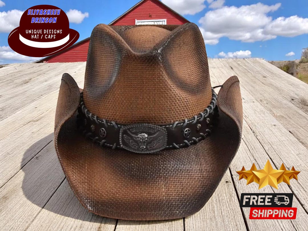 Unisex Straw Cowboy Hat: Wide Brim Western Style With Bull Emblem - Etsy