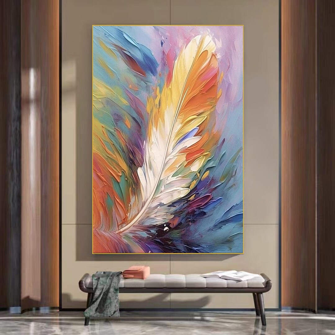 Abstract Colorful Feather Oil Painting on Canvas, Large Wall Art ...