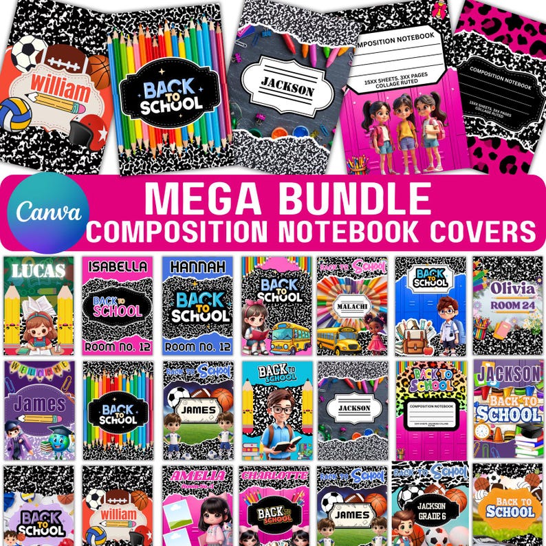 Composition Notebook Cover Mega Bundle, Back to School, Editable Canva ...