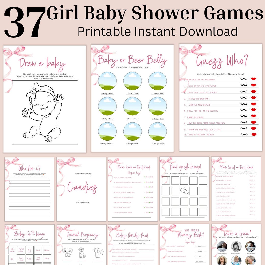 Girl Baby Shower Games Printable Bundle | Blush Bow & Pink Baby Shower ...