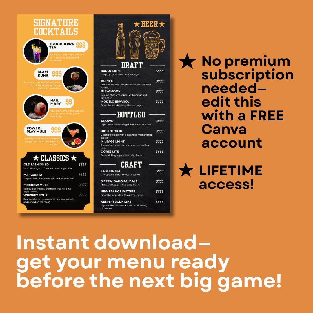 Sports Bar Menu Template Canva Editable, Printable Restaurant Menu ...
