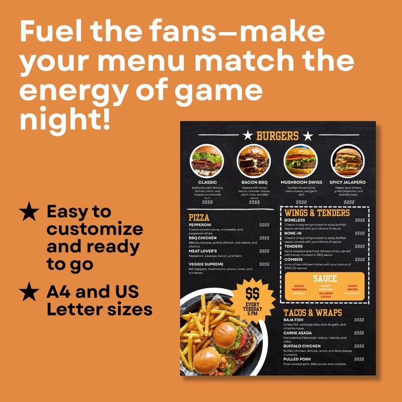 Sports Bar Menu Template Canva Editable, Printable Restaurant Menu ...