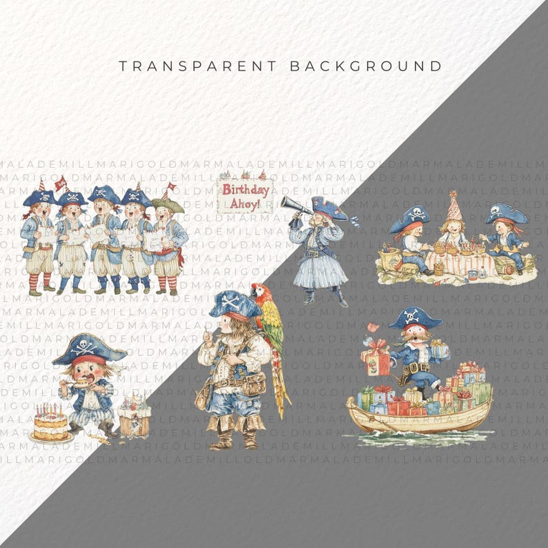 Pirate Birthday Party Clipart | Cute Retro Watercolor Kid Pirates PNG ...