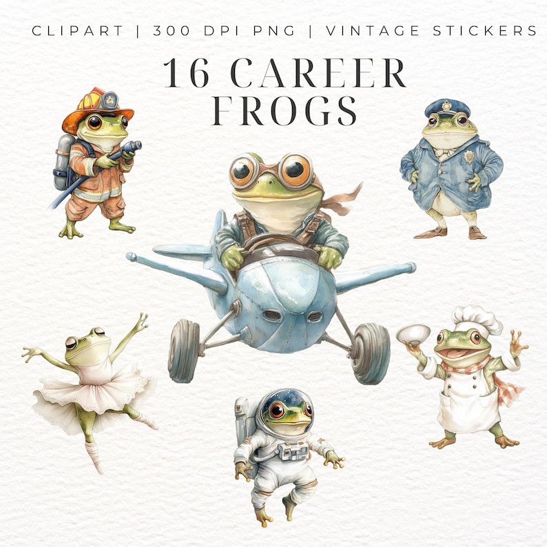 Cute Career Frog Clipart | 16 Watercolor Frog Illustrations | Vintage ...