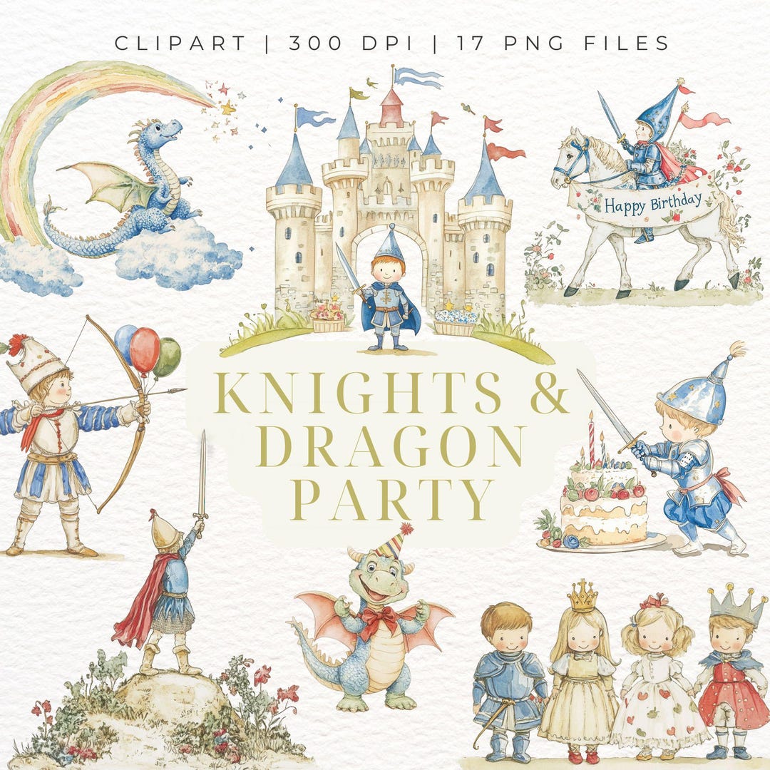 Cute Whimsical Dragon & Knight Clipart | Fairytale Party Pngs ...