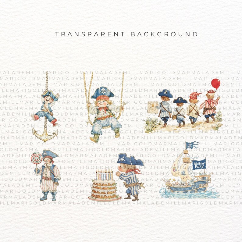 Pirate Birthday Party Clipart | Cute Retro Watercolor Kid Pirates PNG ...