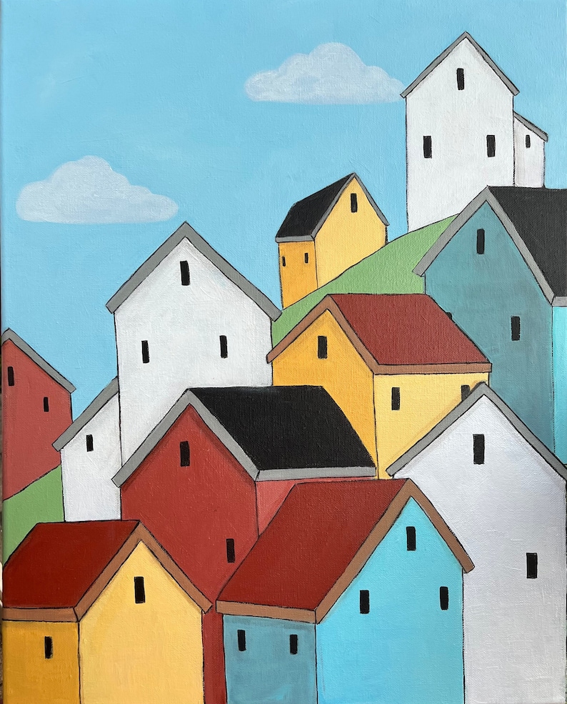 Houses on a Hill Ii-original Acrylic Painting 16x20 Canvas - Etsy