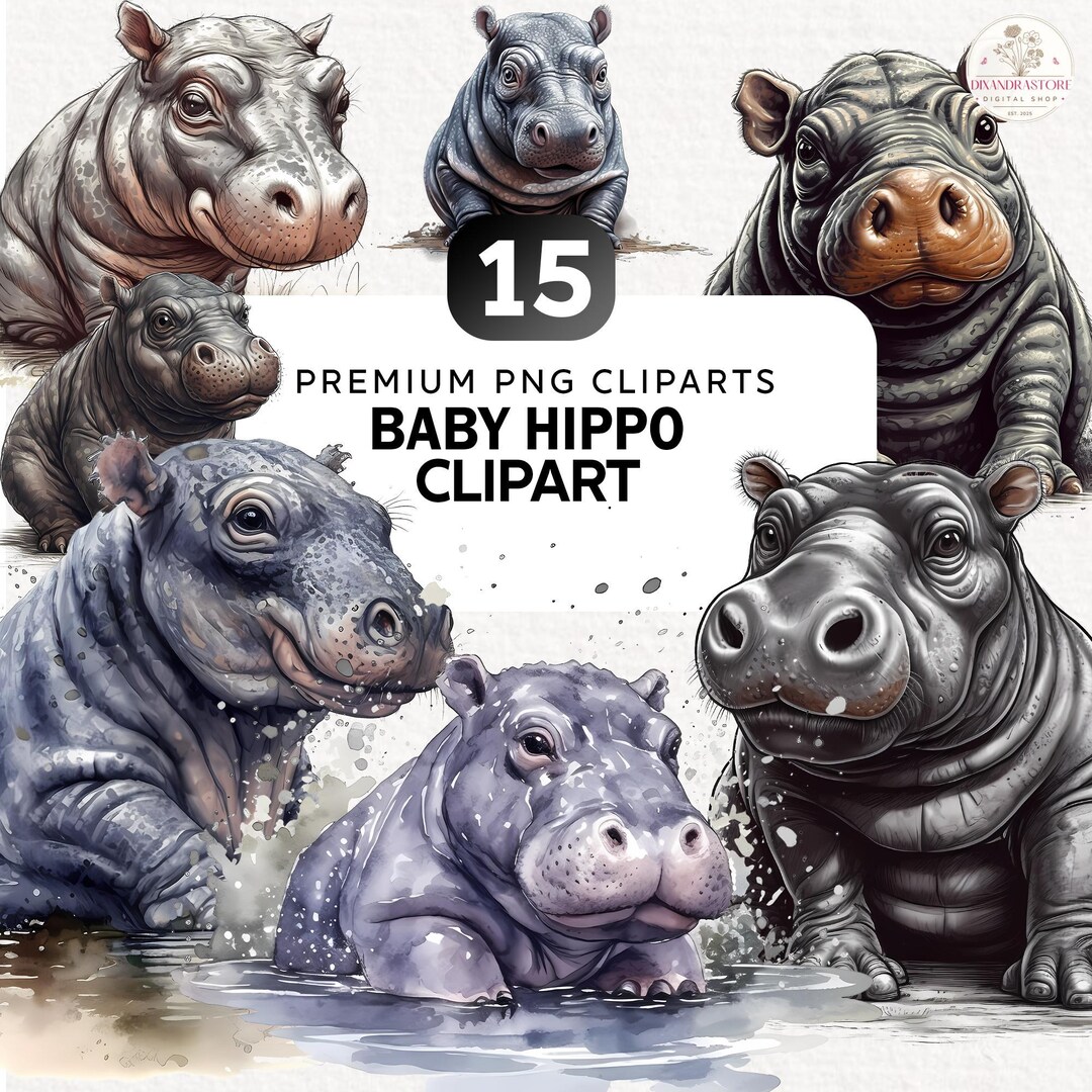 15+ Watercolor Baby Hippo Clipart Bundle PNG, Cute Hippo Clipart, Baby ...
