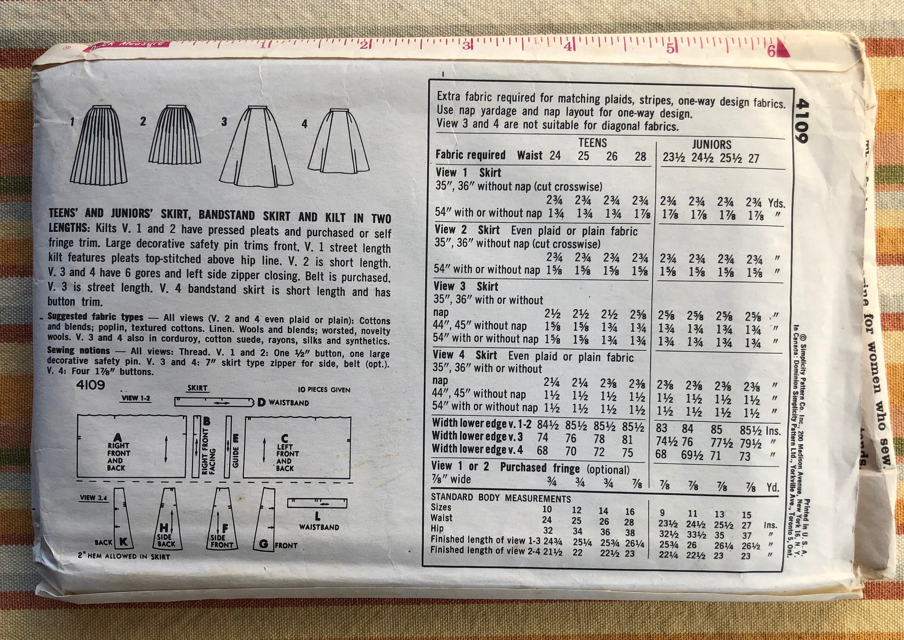 1960s Simplicity Pattern 4109 Waist 26 Hip 36 Kilt, Bandstand Skirt ...
