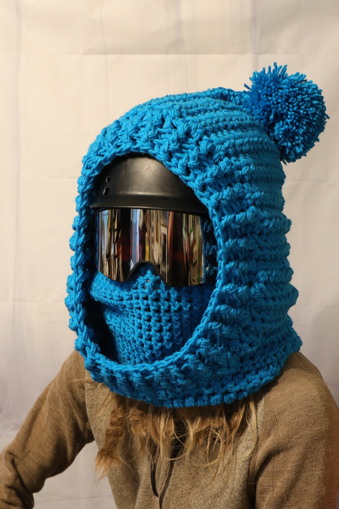 Hand Crochet Beanie Hooded Ski Mask Over the Helmet Ski Mask Super Bulky Ski Mask Hooded Cowl ...
