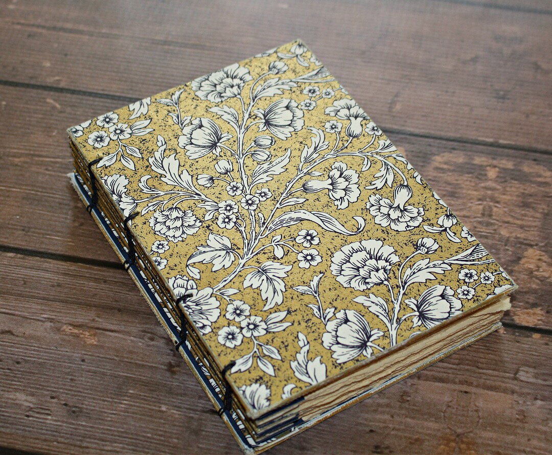Gold and Navy Floral Journal, Handmade Notebook, White Flower Guest ...