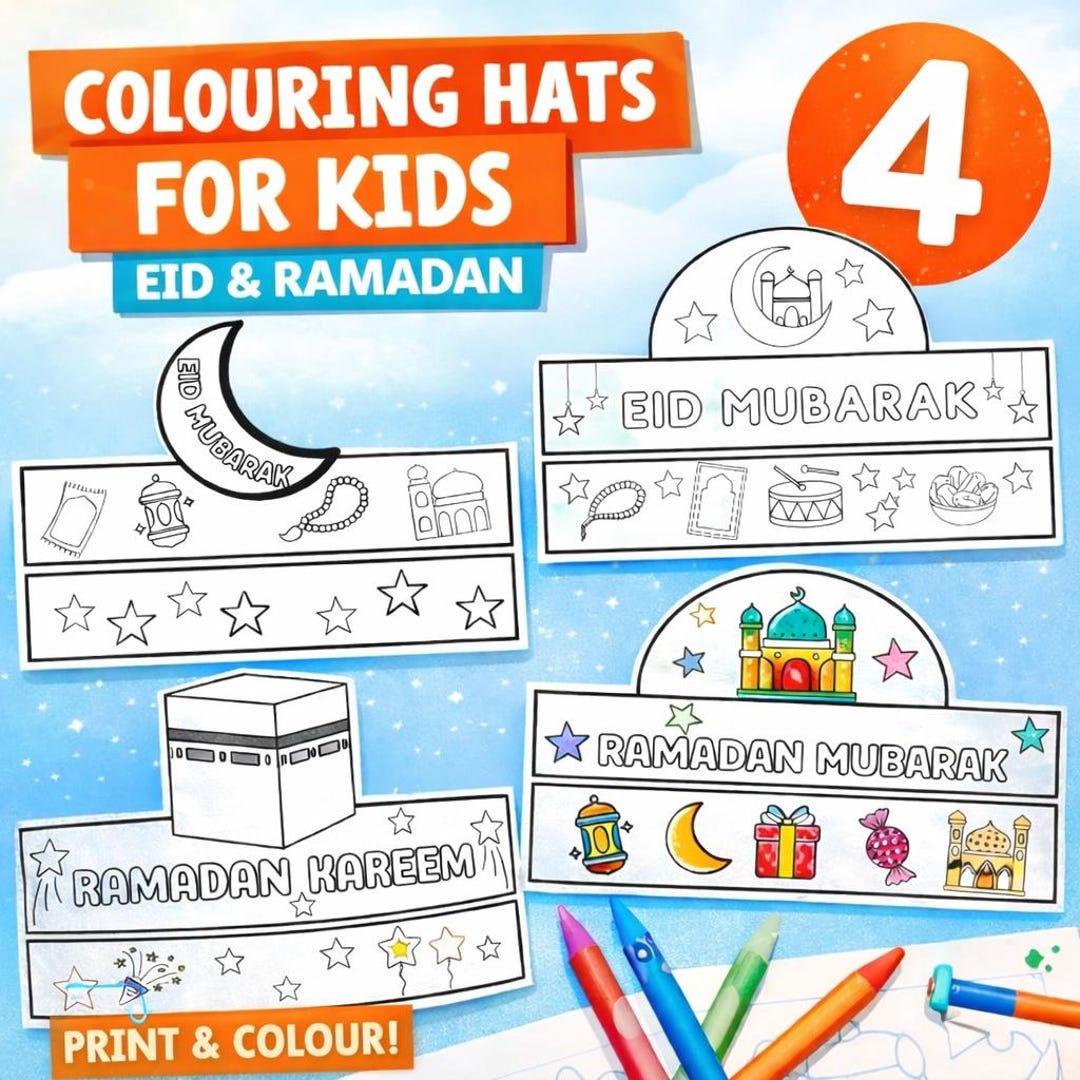 Eid Mubarak Coloring Hats for Kids, Ramadan Mubarak Cplouring Hat, DIY ...