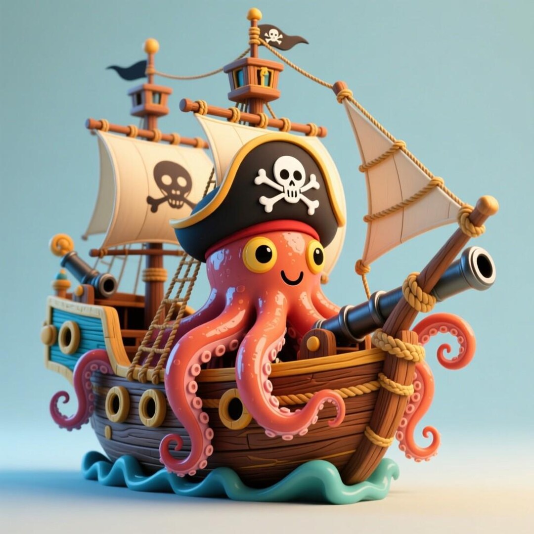 Pirate Octopus Ship STL File | Cute Cartoon Sea Creature 3D Print Model ...