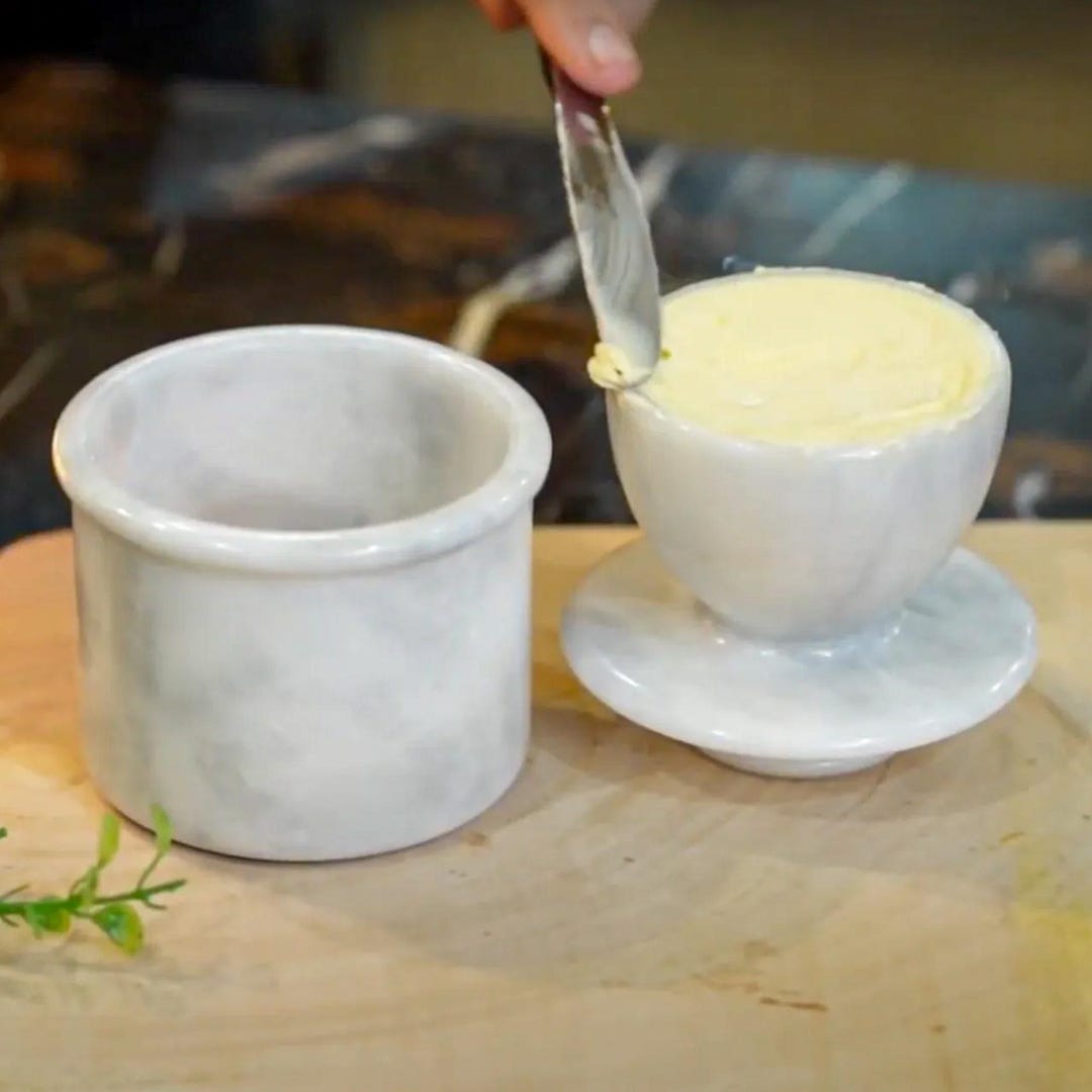 White Marble Butter Keeper With Lid | French Butter Crock for Soft ...