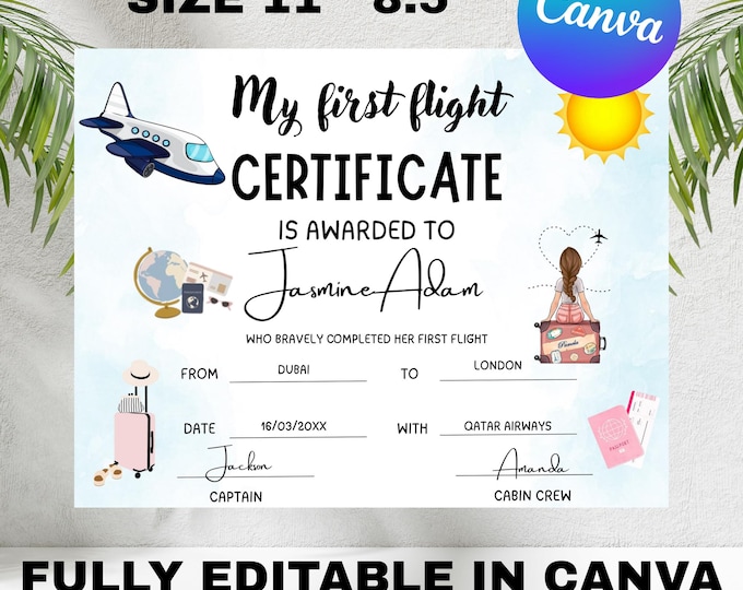 First Flight Certificate for Kids, Toddler's First Flight Award, First ...
