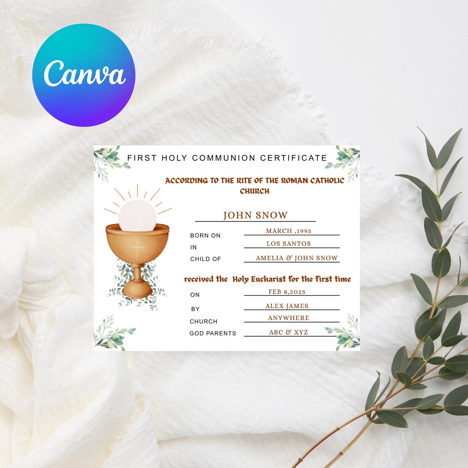 First Communion Certificate Template, Editable First Holy Communion ...