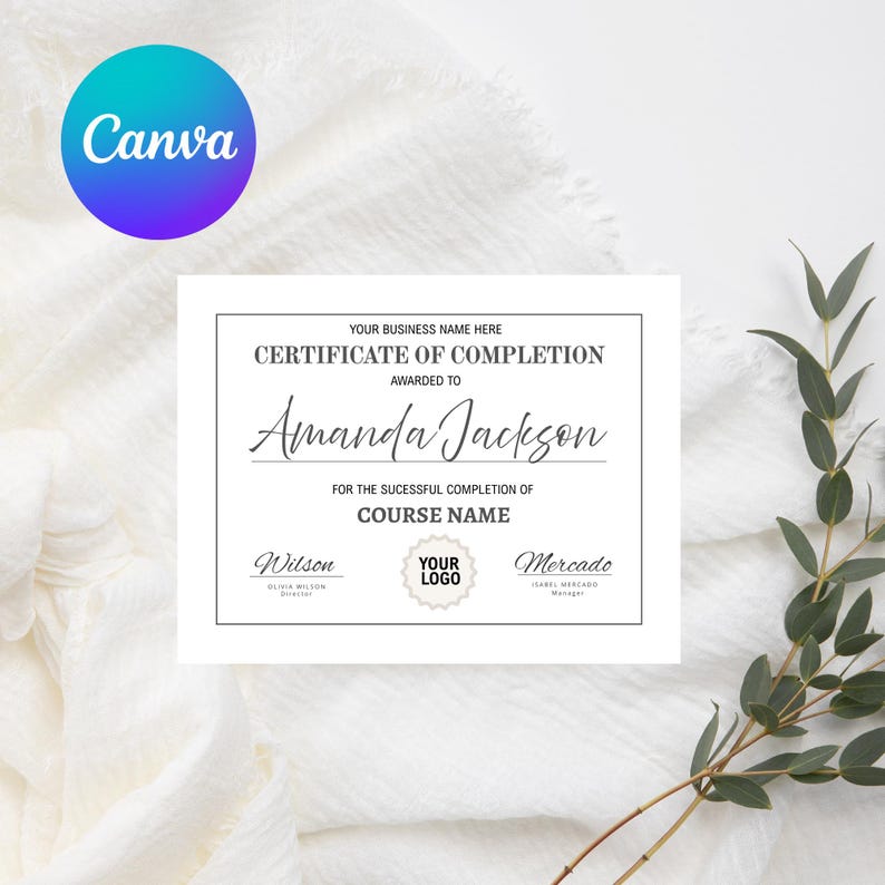 Certificate of Completion Template Canva Editable Digital Download ...
