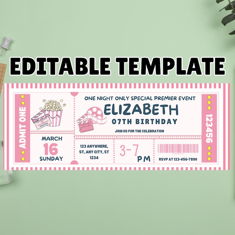 Movie Night Invitation Printables PINK, Movie Ticket Stub Invite ...