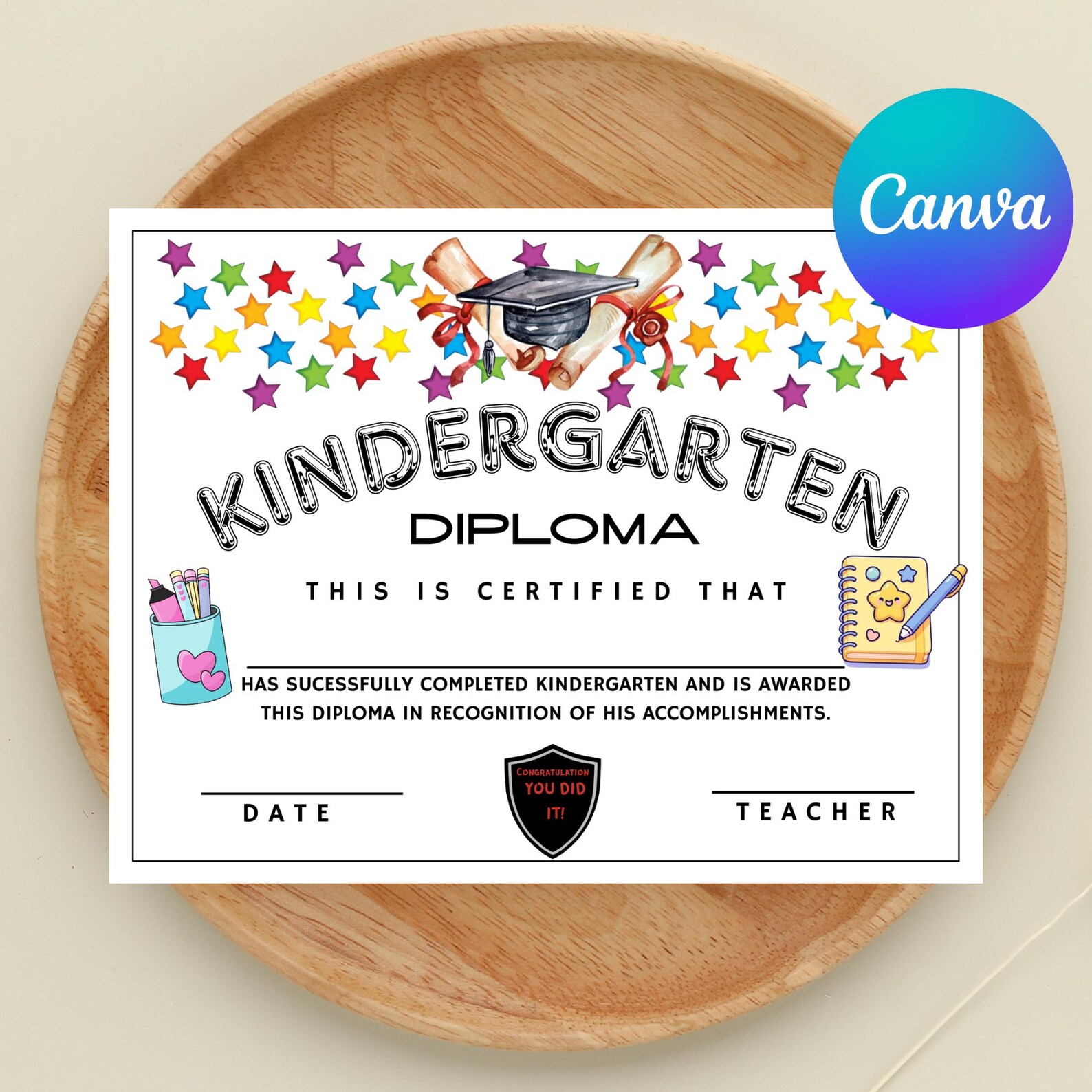 Printable Kindergarten Graduation Certificate, Kindergarten Diploma ...