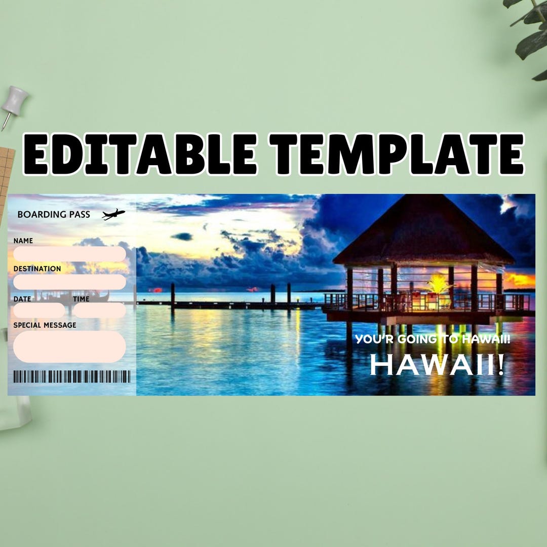 Editable Hawaii Boarding Pass Template, Printable Surprise Hawaii Trip ...