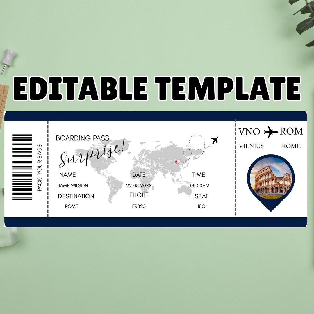 Editable Boarding Pass Template, Printable Personalized Airline Ticket ...