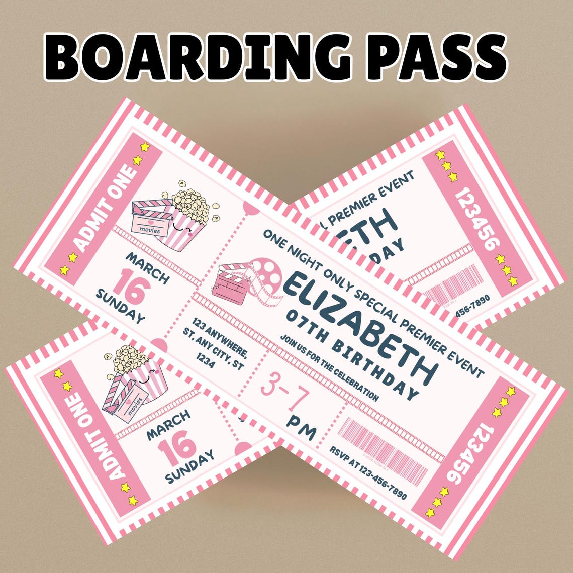 Movie Night Invitation Printables PINK, Movie Ticket Stub Invite ...