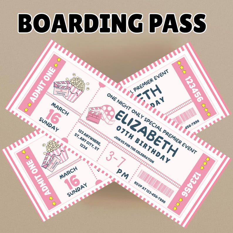 Movie Night Invitation Printables PINK, Movie Ticket Stub Invite ...