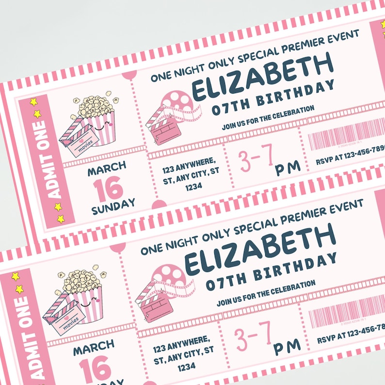 Movie Night Invitation Printables PINK, Movie Ticket Stub Invite ...