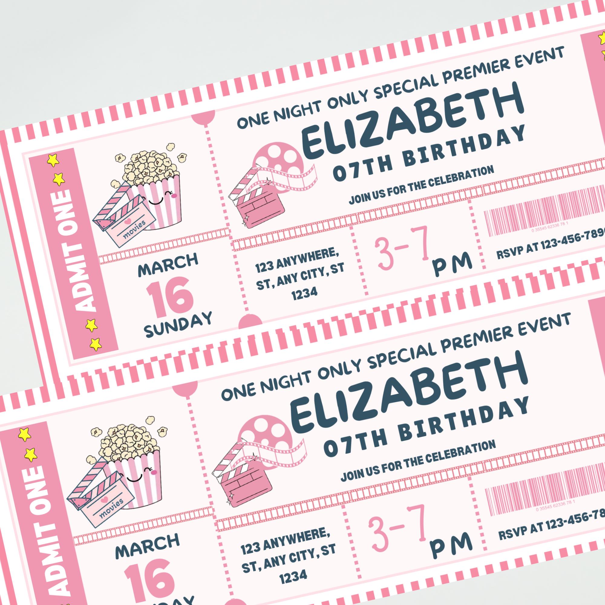 Movie Night Invitation Printables PINK, Movie Ticket Stub Invite ...