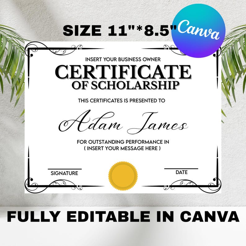 Certificate of Scholarship Award, INSTANT DOWNLOAD, Editable ...