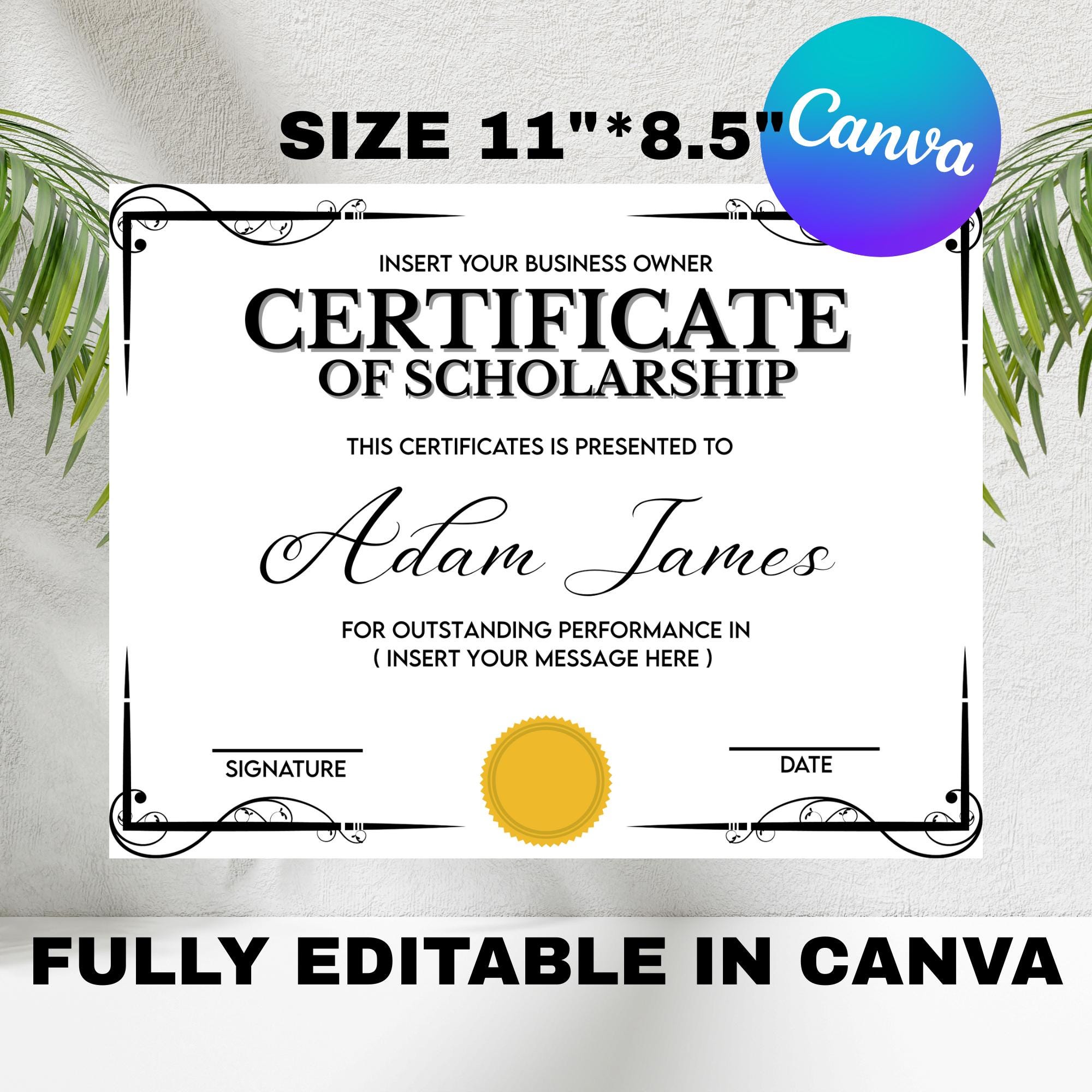 Certificate of Scholarship Award, INSTANT DOWNLOAD, Editable ...