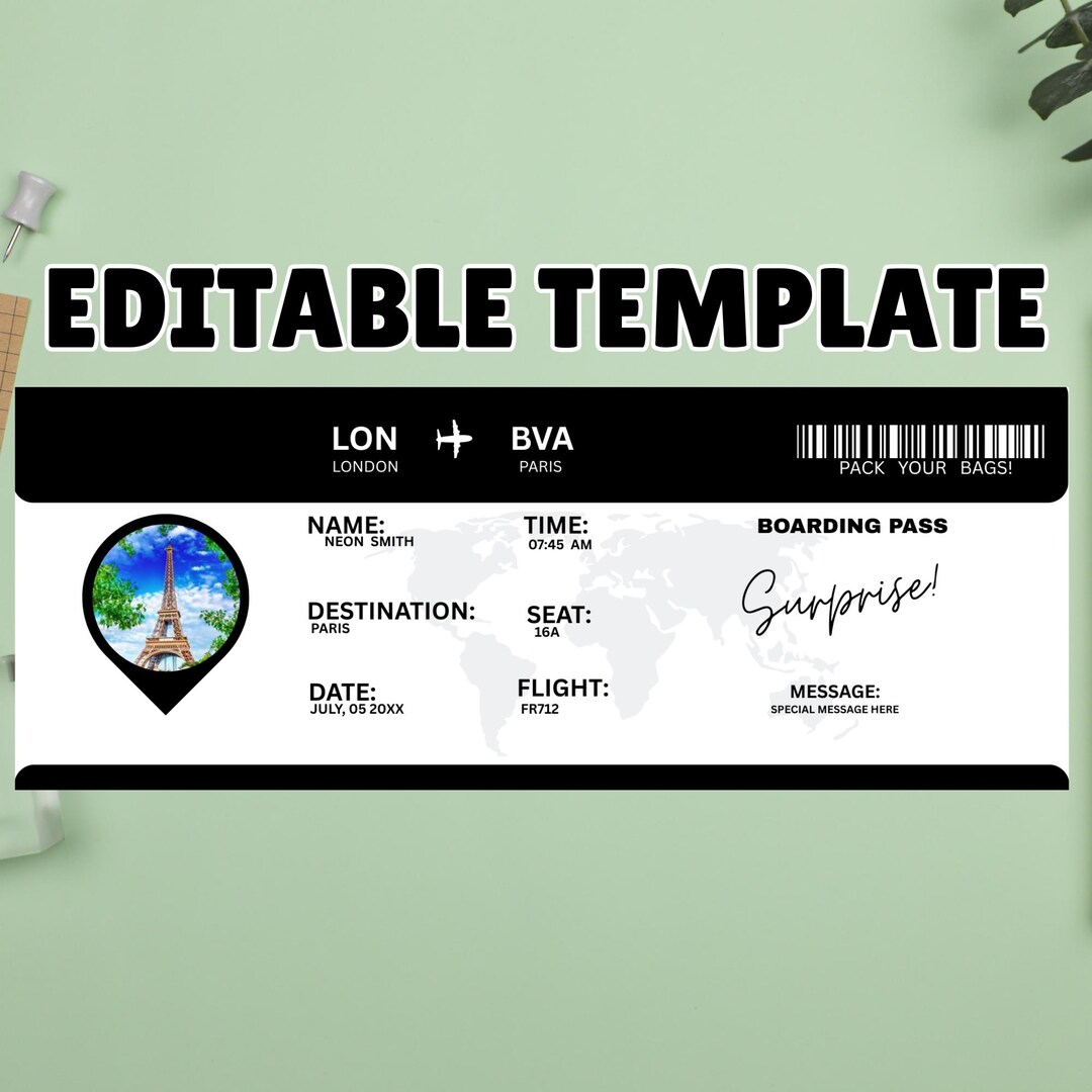 Editable Boarding Pass Template, Canva Boarding Pass, Printable ...