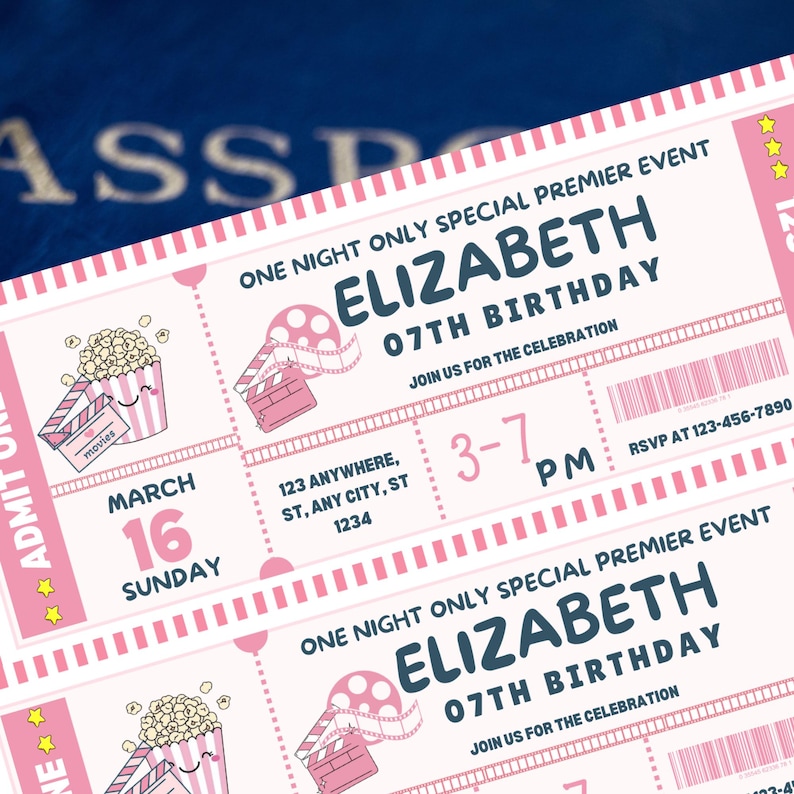 Movie Night Invitation Printables PINK, Movie Ticket Stub Invite ...