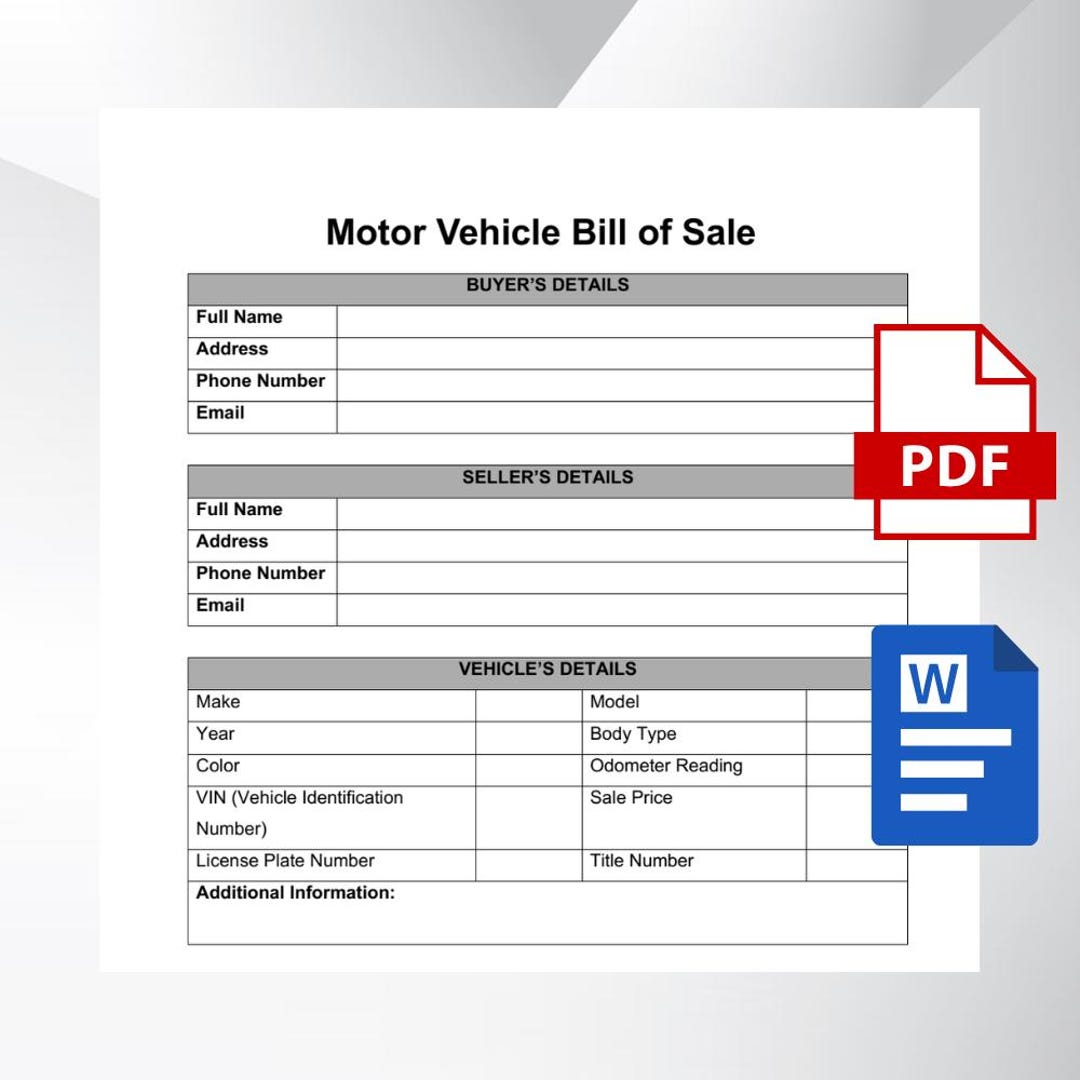 Editable Motor Vehicle Bill of Sale Template, Printable Car Sale Form ...