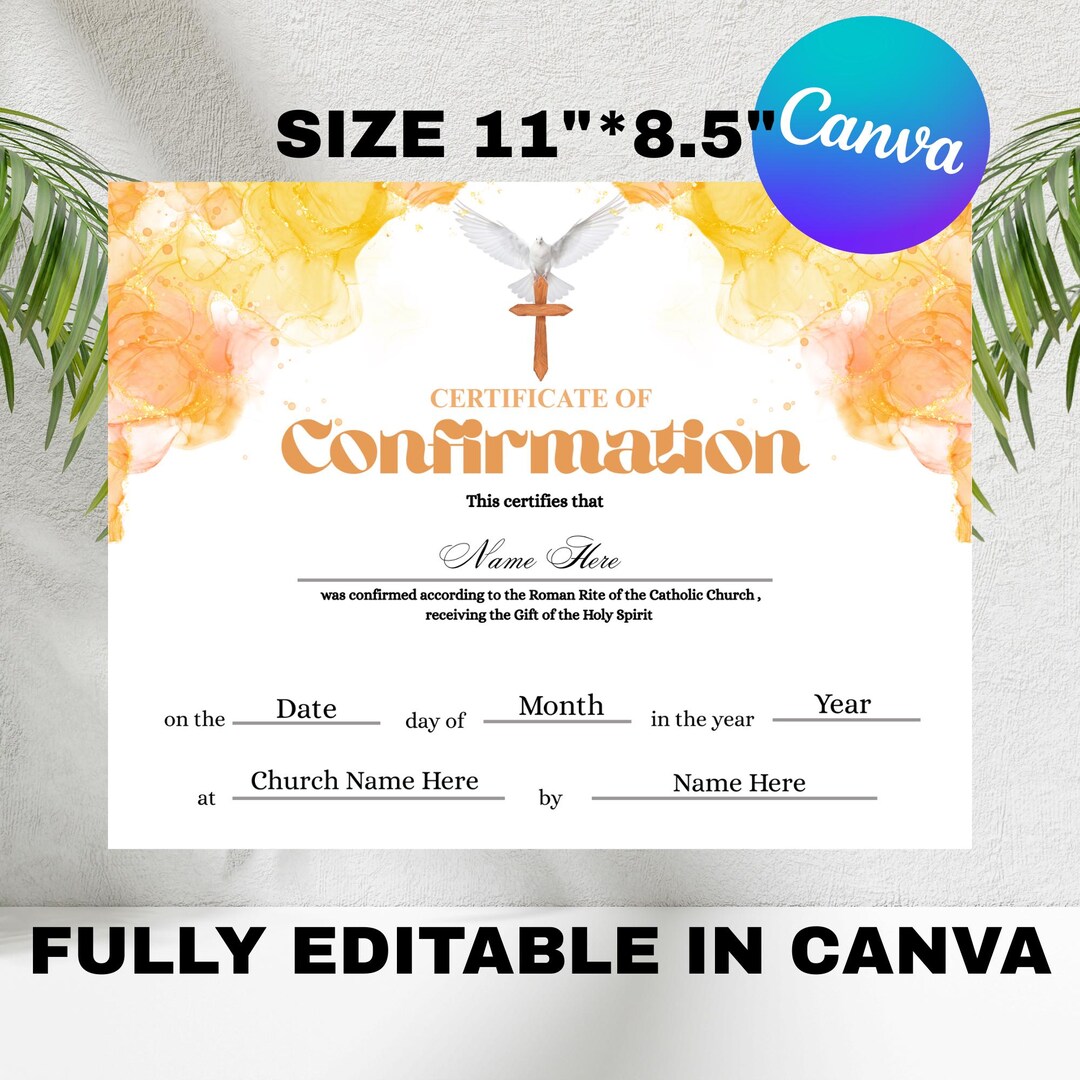 Editable Confirmation Certificate Template 11x8.5'', Catholic ...