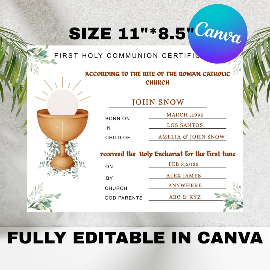 First Communion Certificate Template, Editable First Holy Communion ...