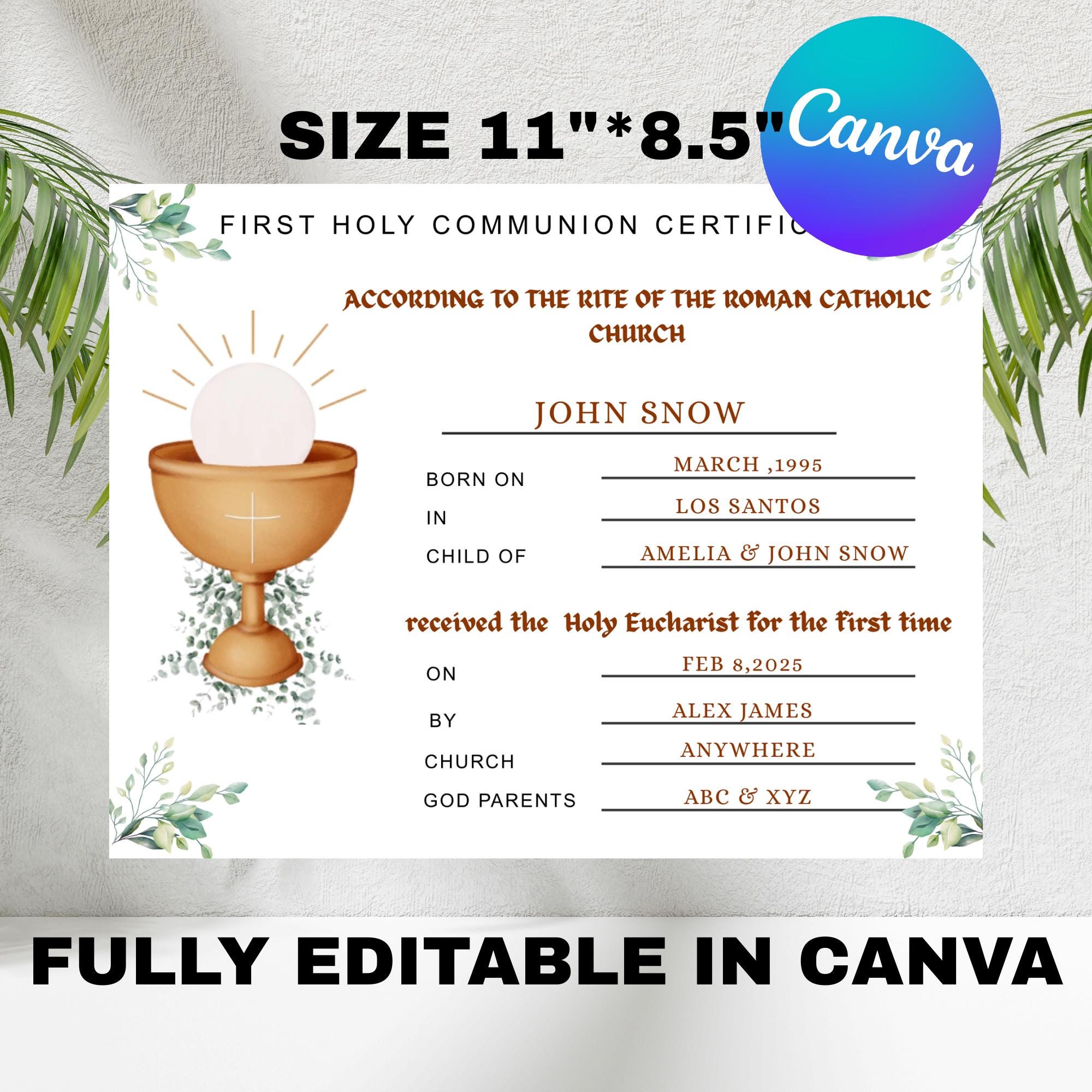 First Communion Certificate Template, Editable First Holy Communion ...